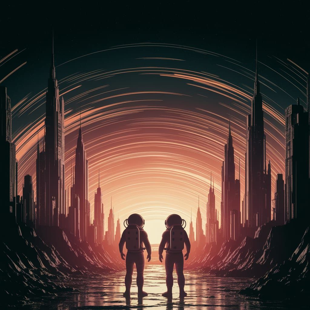 Space - Astronauts Admire Space Skyscrapers at Sunset