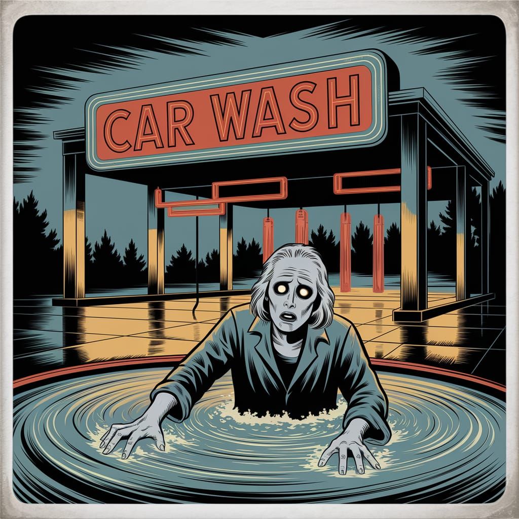 Haunted Car Wash Scene in Vintage Horror Pulp Comi... - AI Art