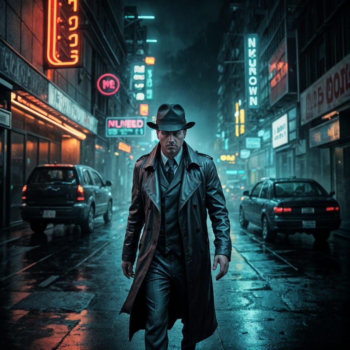 Detective in Neon-Lit Alleyway, Futuristic Citysca... - AI Art