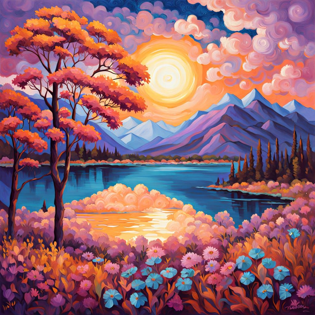 Colorful Mountain Scene - Serene Landscape Painting in Vibra...