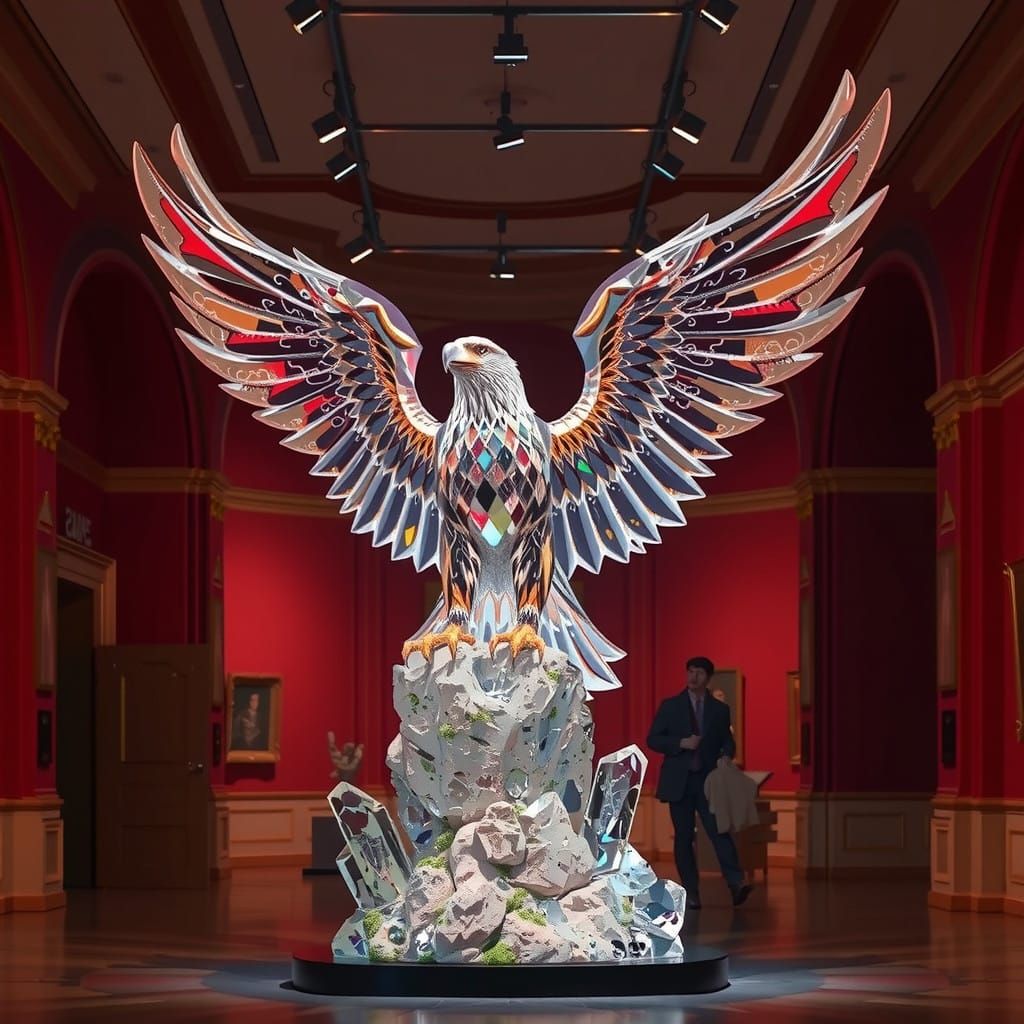 A majestic crystal eagle statue, poised on a rugged rock formation, its ...