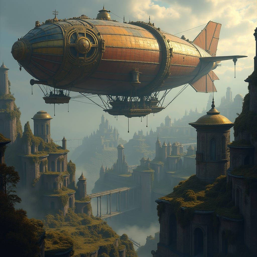 Majestic Airship Over Ancient Ruins in Realistic D... - AI Art
