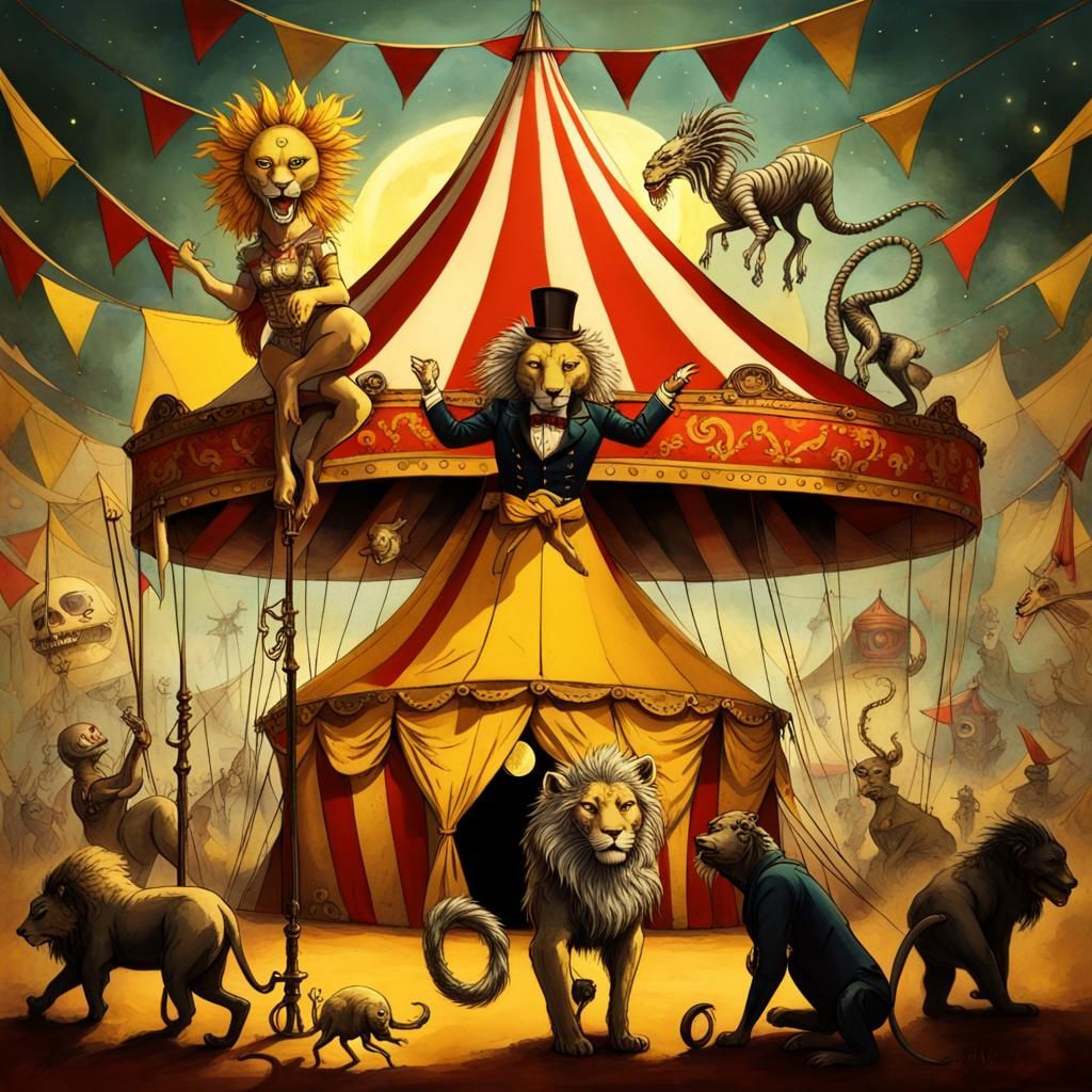 antique lysergic steampunk era circus big top tent filled with macabre ...