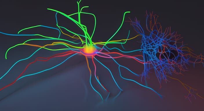 A 3-d visualization of a neuron filled with bioluminicent neon glow ...