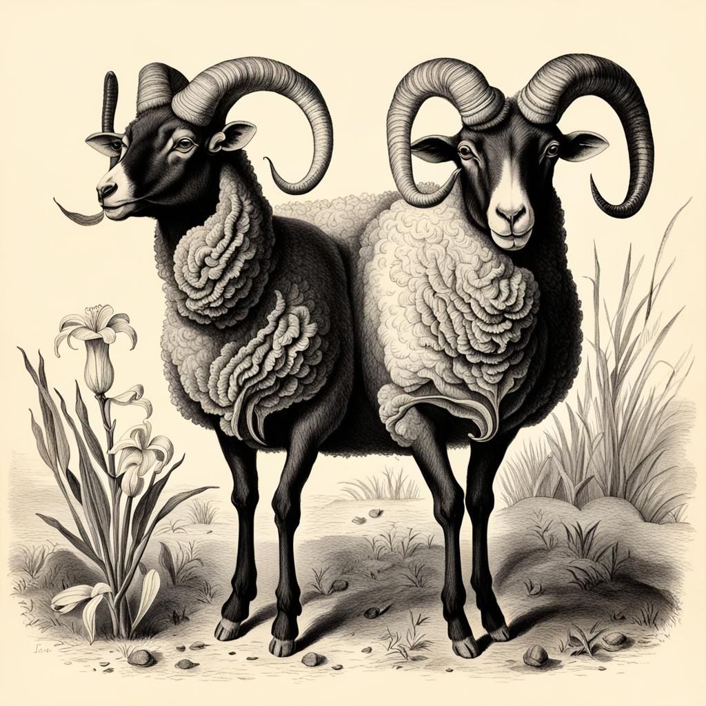 Three eyed animal, black and white 1800s illustration, botanical ...