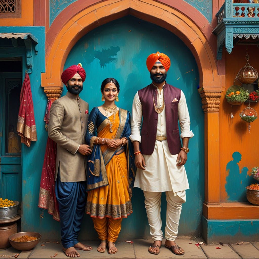Punjabi Princess and Prince in Vibrant Indian Mark... - AI Art