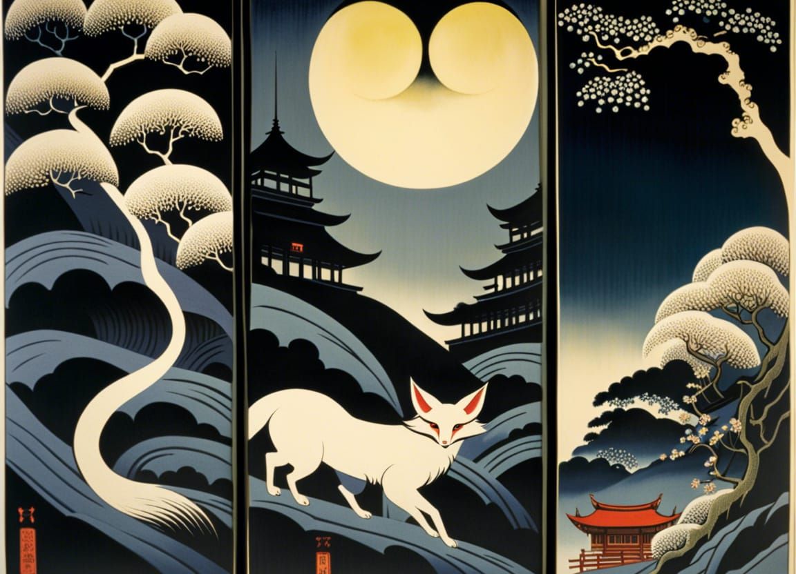“The Inari Fox, Kitsune, creeping through the moonlight”, fox detailed atmospheric masterpieces ...