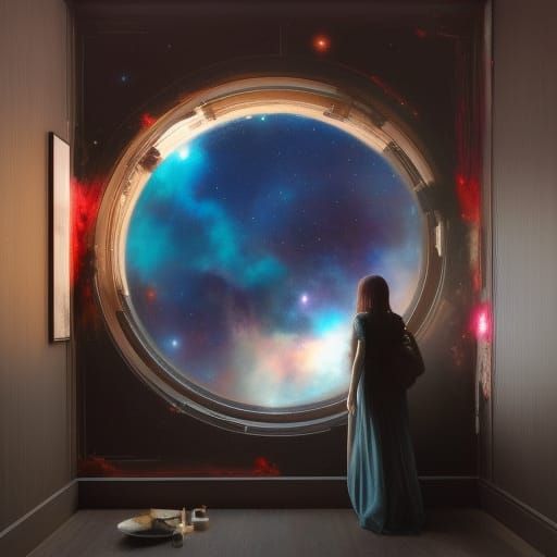 girl looking through open window!!!! stars!!! nebula!!! universe ...