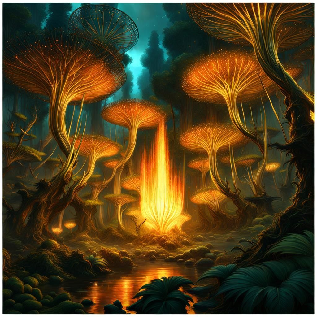 intricate golden glowing magical fire in Pandora forest!! Fireflies!! A ...