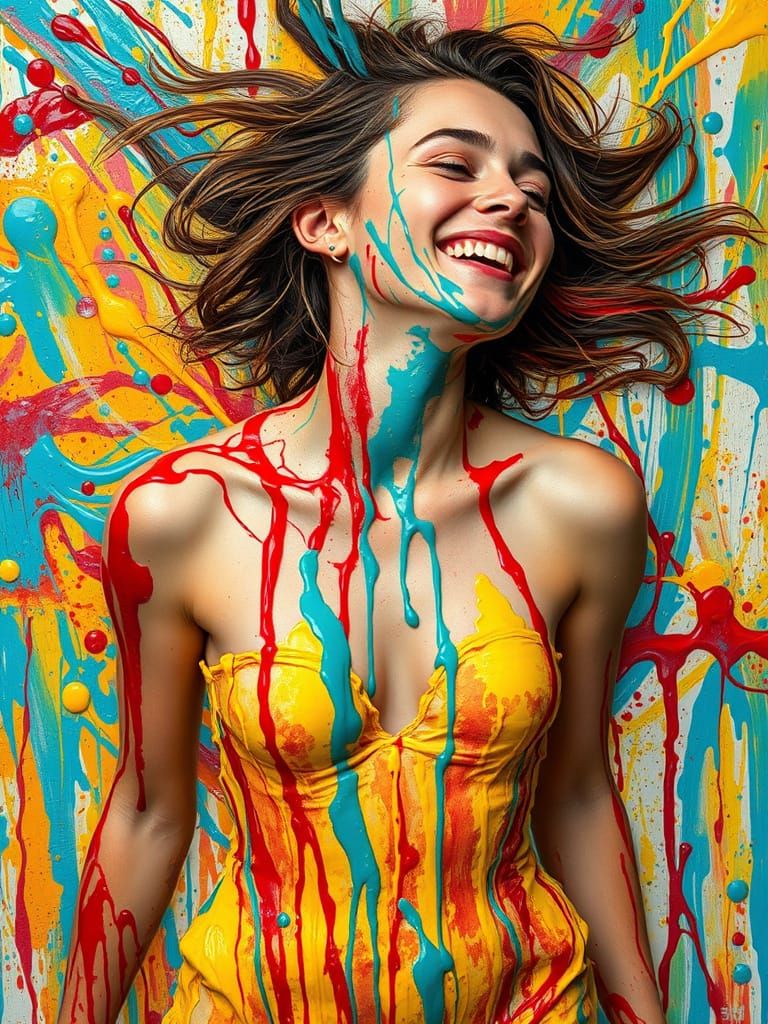 The figure of a young joyful woman, completely covered in thick, dripping multicolored paint ...