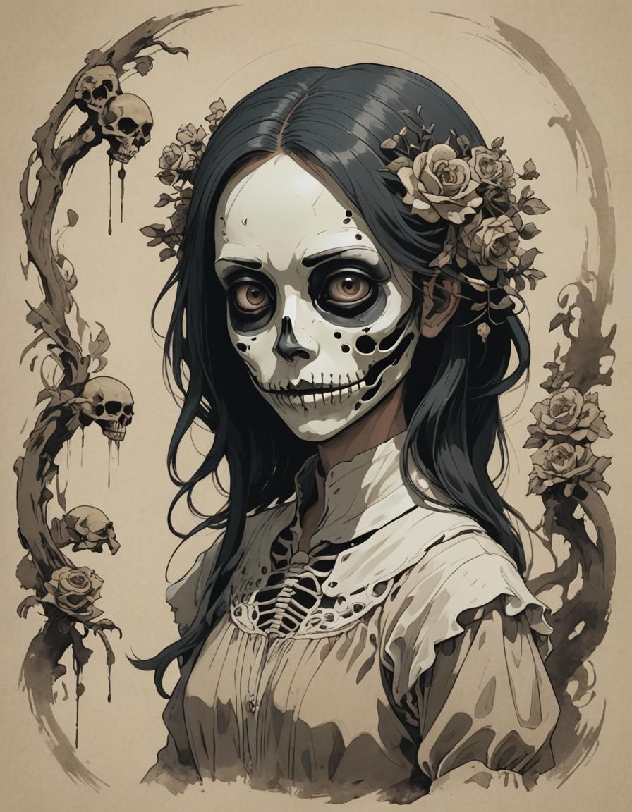 Girl with Death Mask (She Plays Alone) in the style of Miyazaki Hayao ...