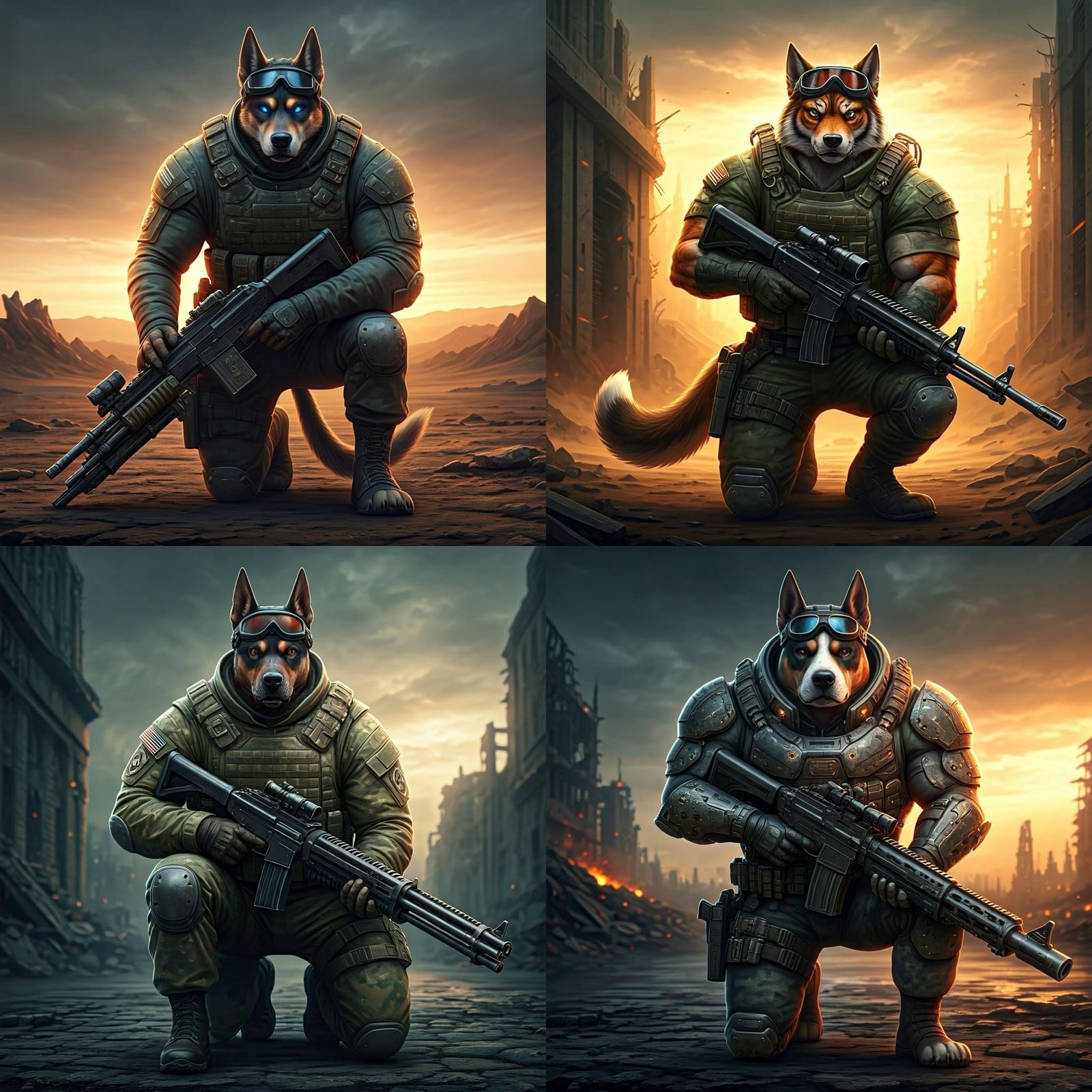 Kneeling canine soldier, tail, imposing physique, bulging muscles ...