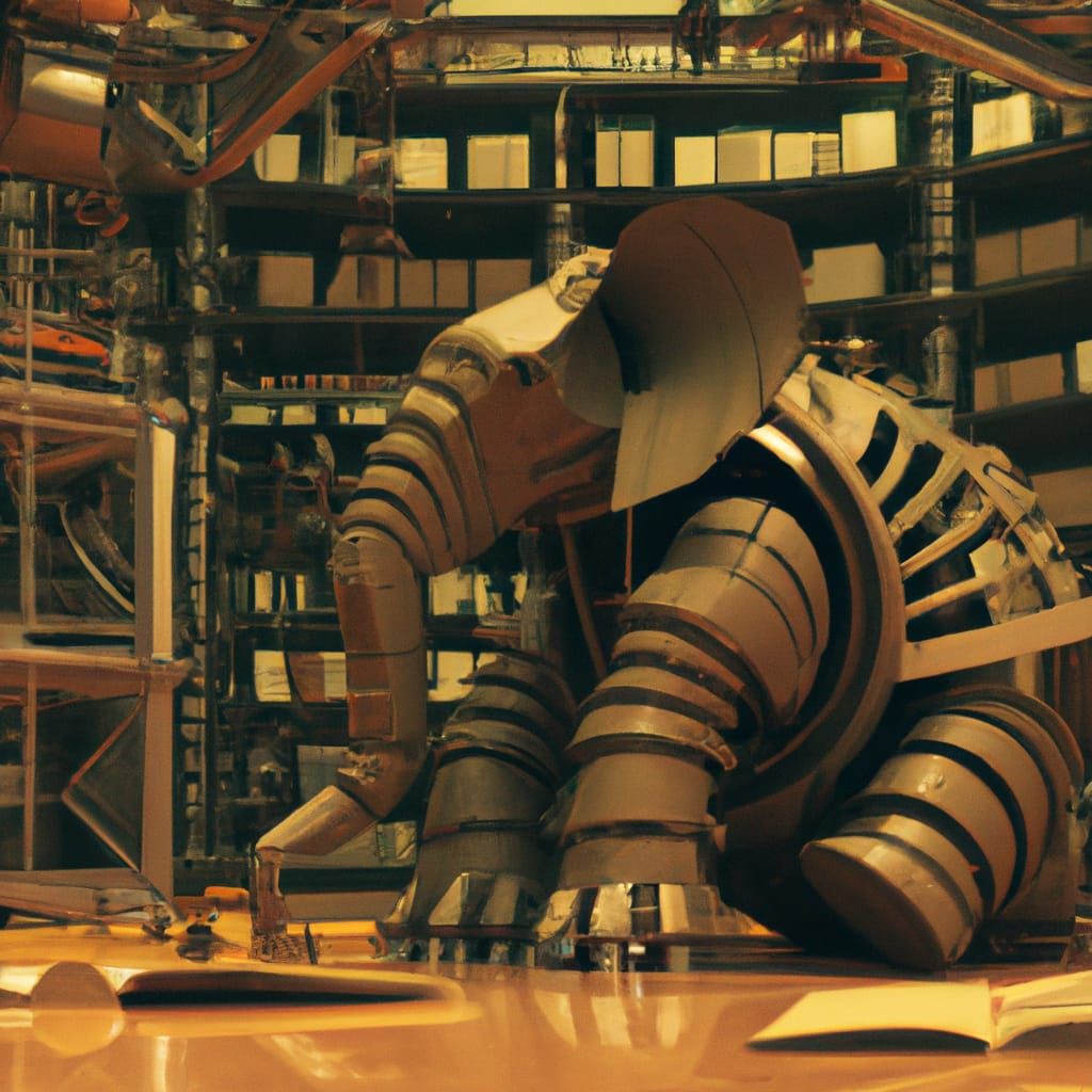 anthropomorphic elephant reading a book, in the middle of a library ...