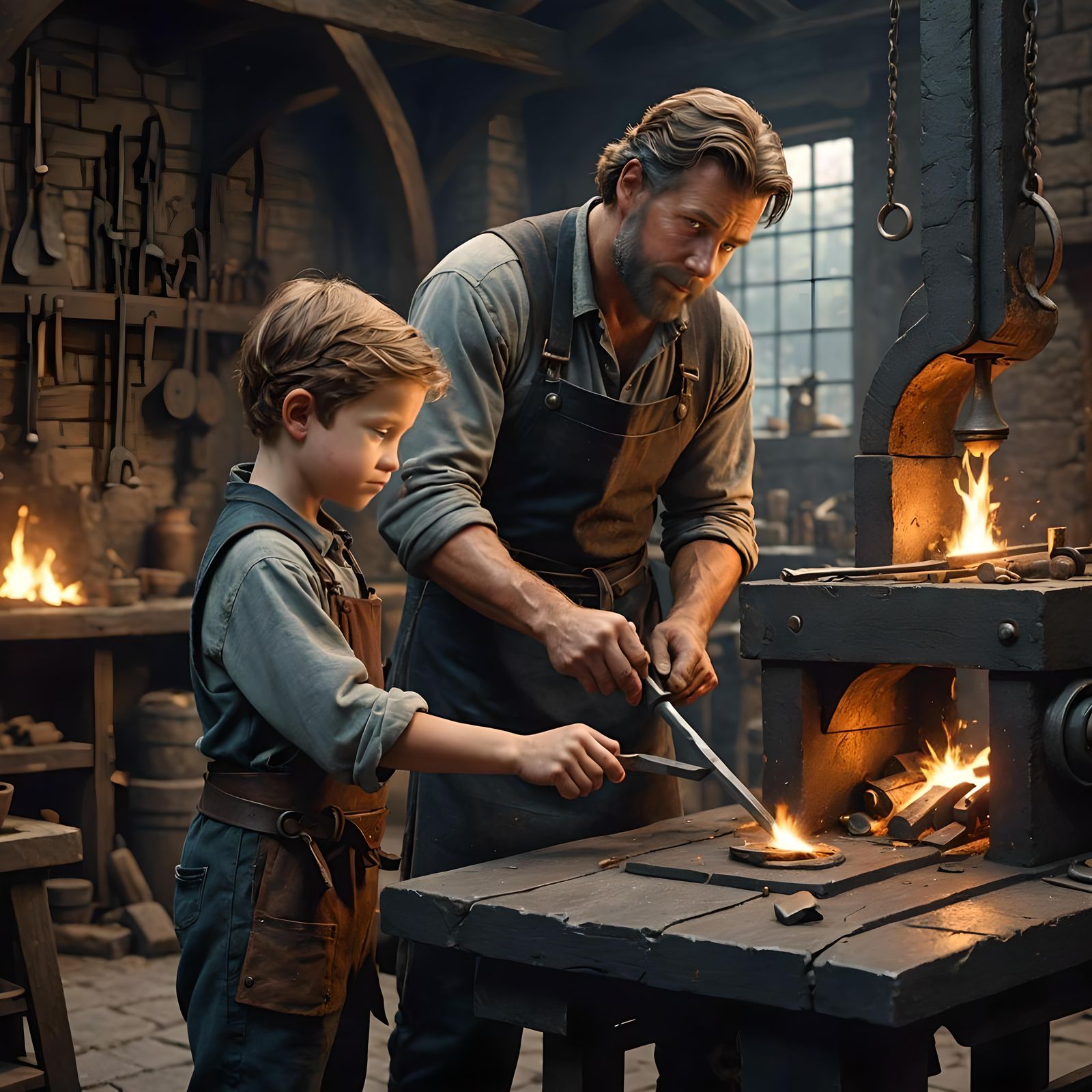 A blacksmith teaching a child intricate details, HDR, beautifully shot ...