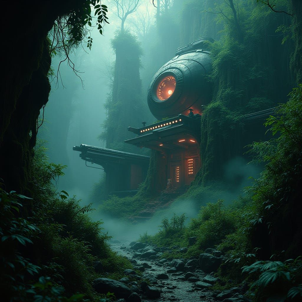 Sleek Cybertronian Base Buried in Jungle with Biol... - AI Art