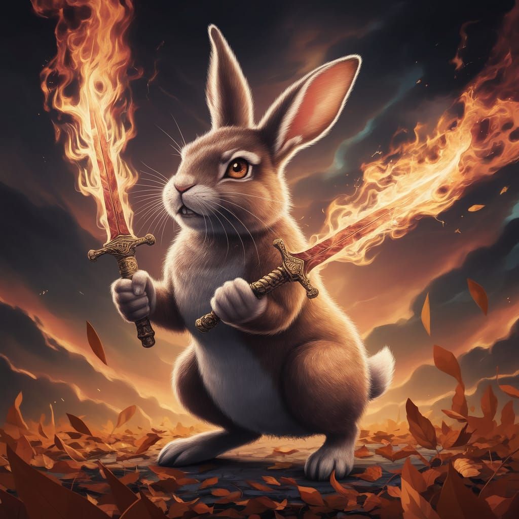 Angry Rabbit Wields Fiery Swords in Stormy Autumn ... - AI Art
