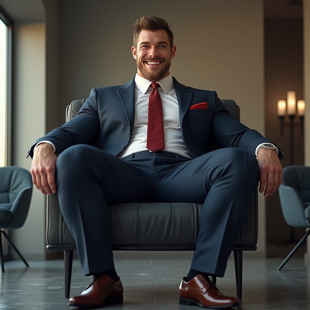 Confident Bodybuilder Sits Smiling in Modern Offic... - AI Art