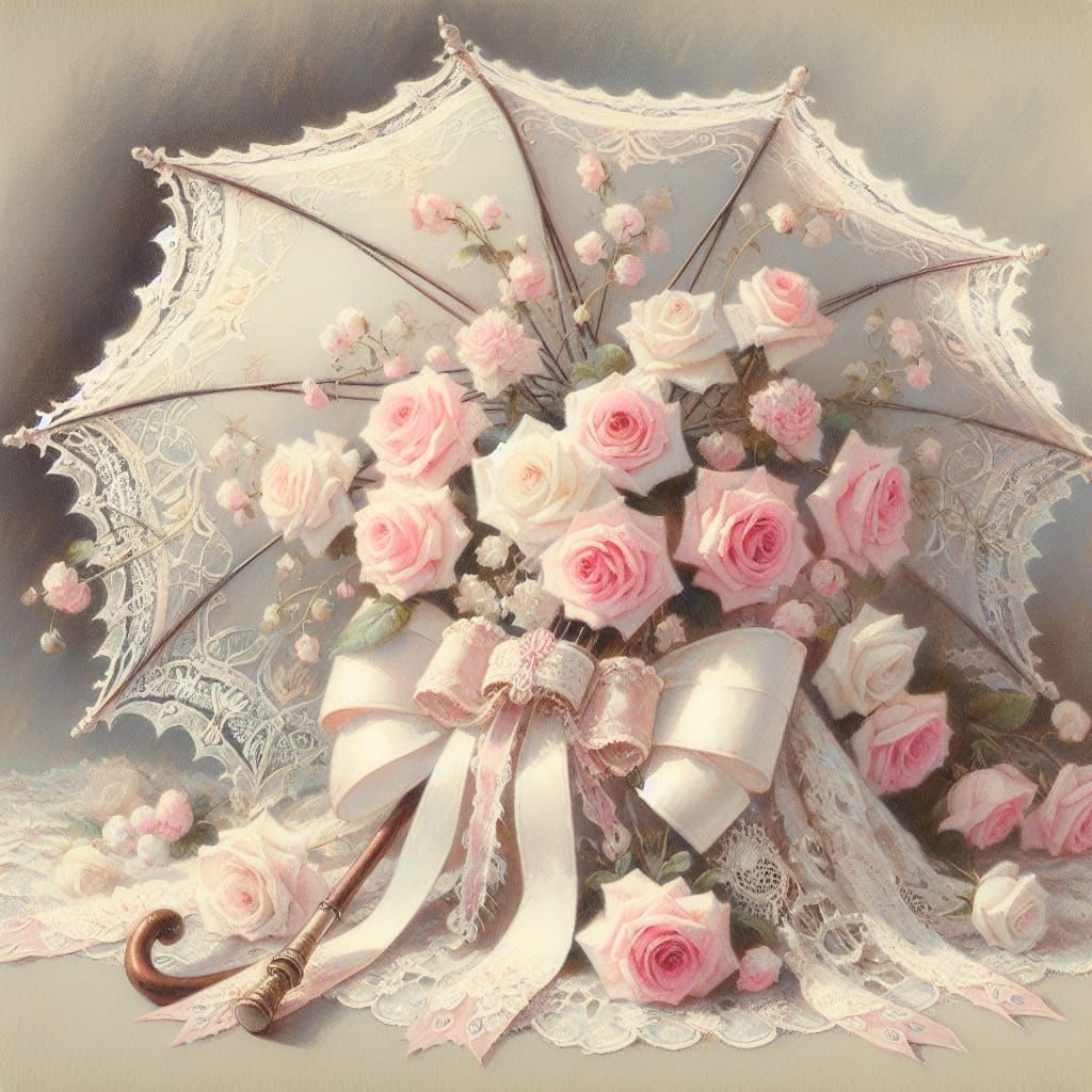 Lace parasol with roses and ribbons - AI Generated Artwork - NightCafe ...