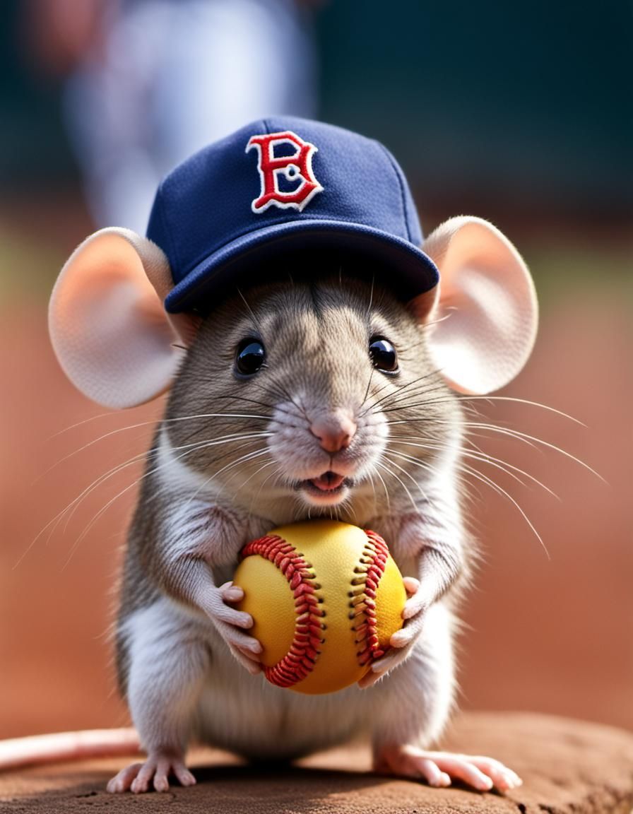 A cropped closeup of cute mouse wearing a cap, at the world series ...