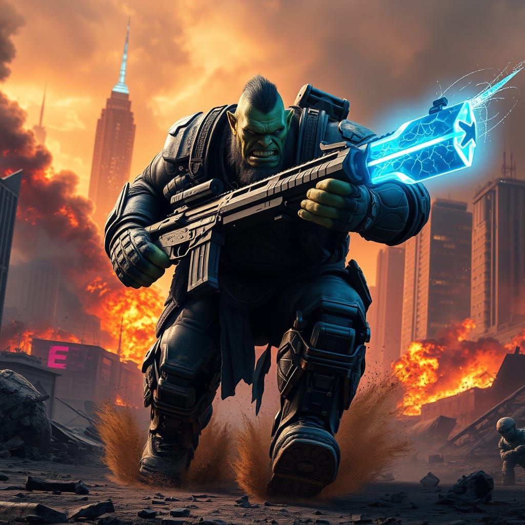 Battle-Hardened Sci-Fi Orc Charges Forward in Dark... - AI Art