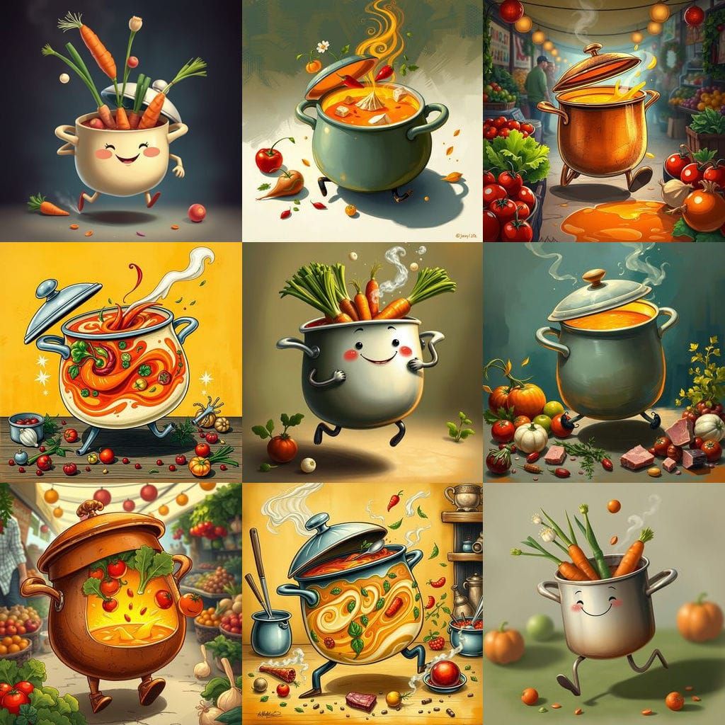 Soup - Whimsical Soup Pot Adventure in a Vibrant Kitchen
