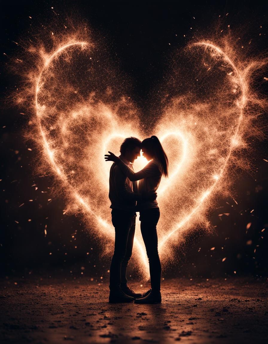 exploding heart, happiness, dark ambiance, people hugging - AI ...