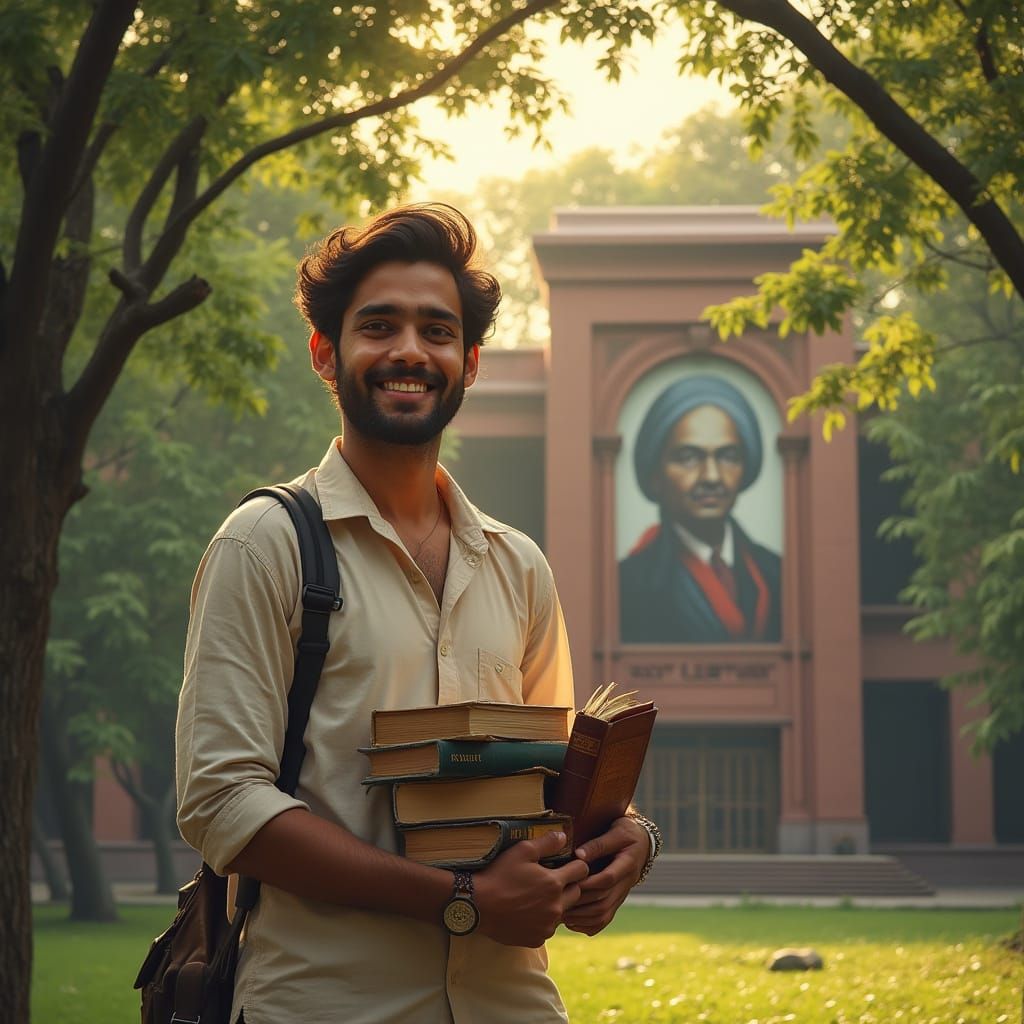 Man Smiles in JNU Campus Delhi with Library and Ve... - AI Art