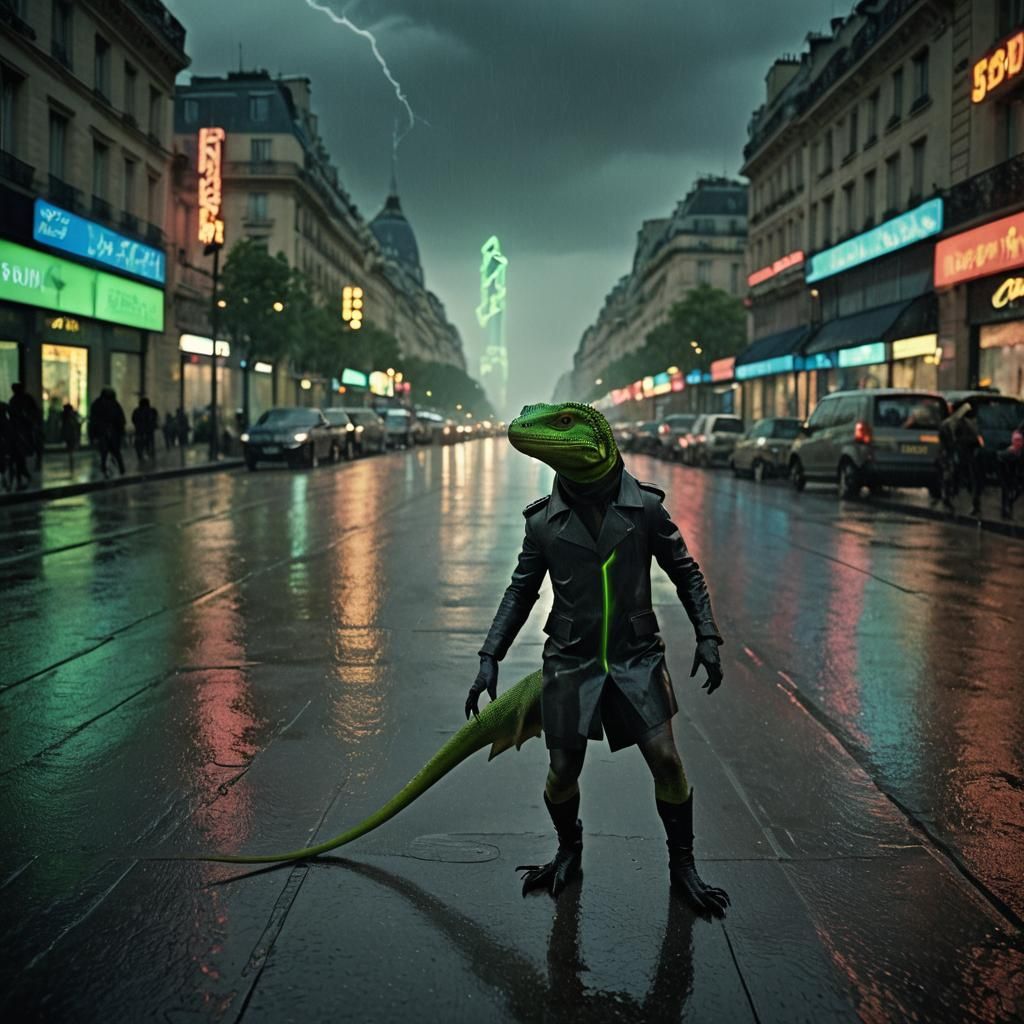 Epic Futuristic Lizard Strides Through Neon-Drench... - AI Art
