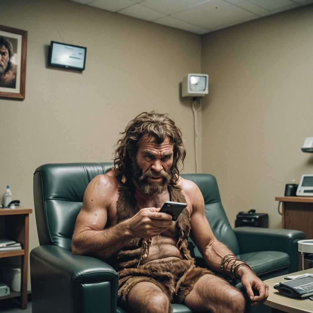 caveman playing with phone - AI Generated Artwork - NightCafe Creator