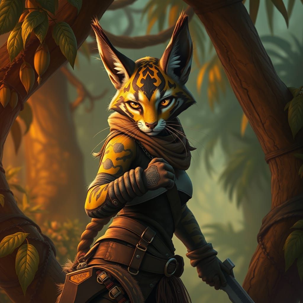 Image of a female rogue Tabaxi hunter. Jungle background. Warm lighting ...