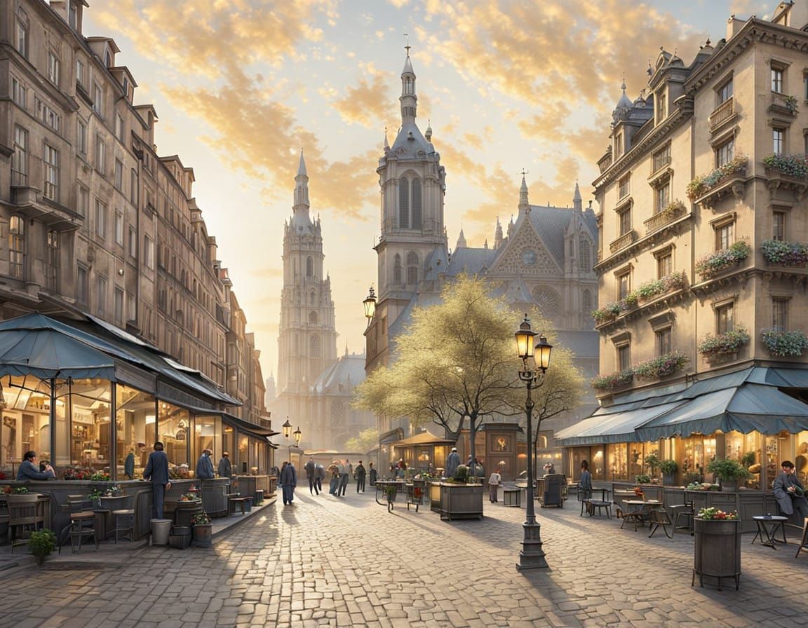 Whimsical European City Square in Warm, Golden Lig... - AI Art