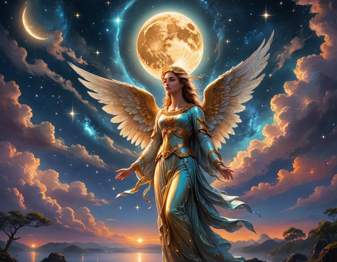 ("Mythical Mystical Glowing Luminous Moon Angel Looking Up at her own ...