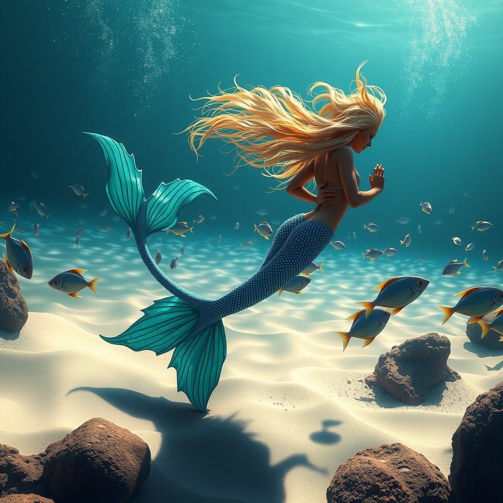 Mermaid Enchants Diver in Vibrant Oceanic Dance - AI Art