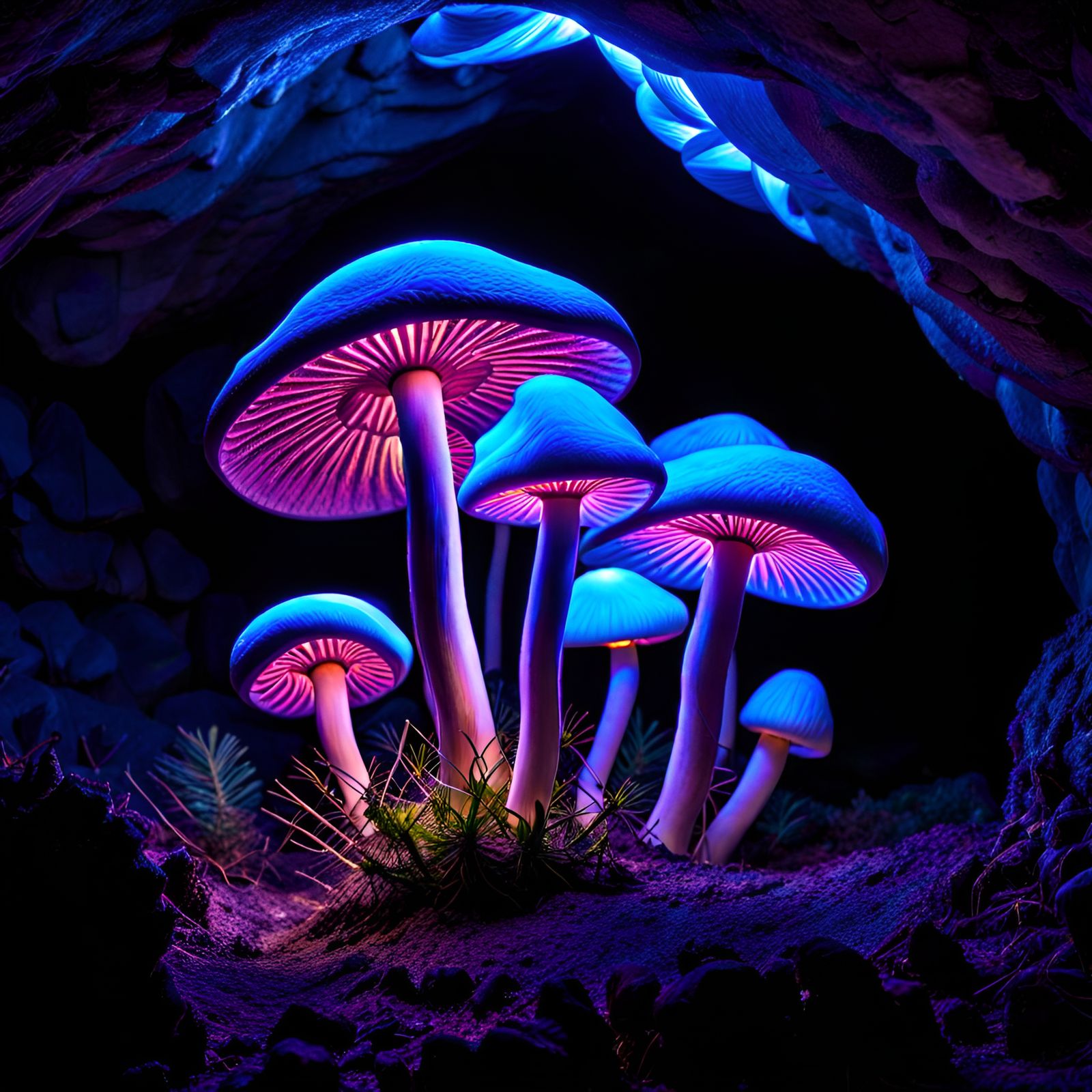 Wideview: psychedellic biolumeniscent Mushrooms in a cave garden 8k ...
