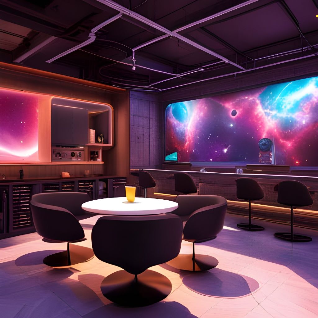 A cozy, retro-future coffee shop interior with hover chairs, space ...