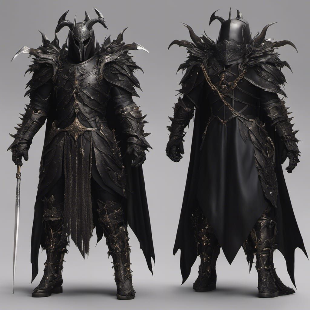 A full body image of a tall man in black jagged armor with silver ...