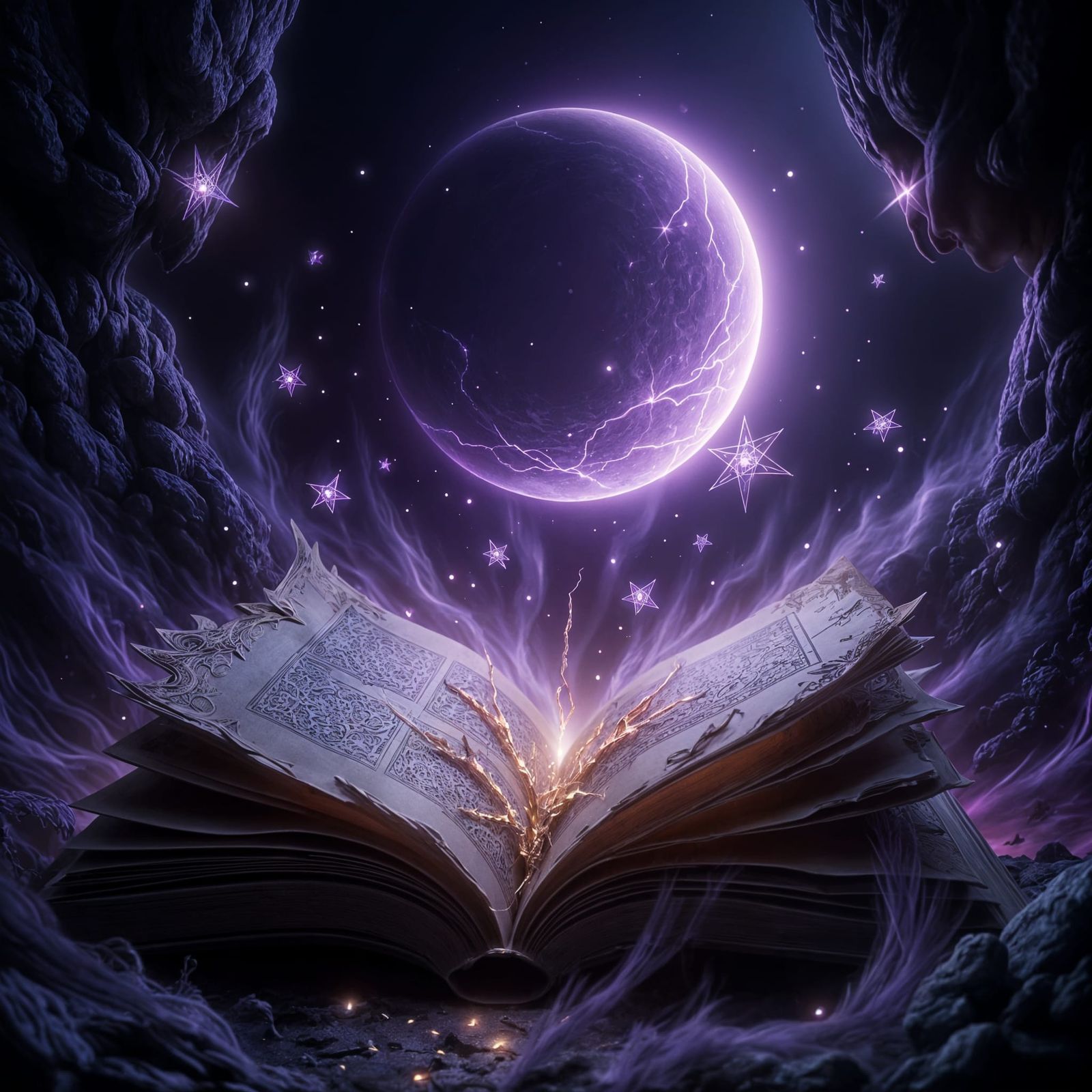 An intricate detailed glowing purple open book with little pentagrams ...