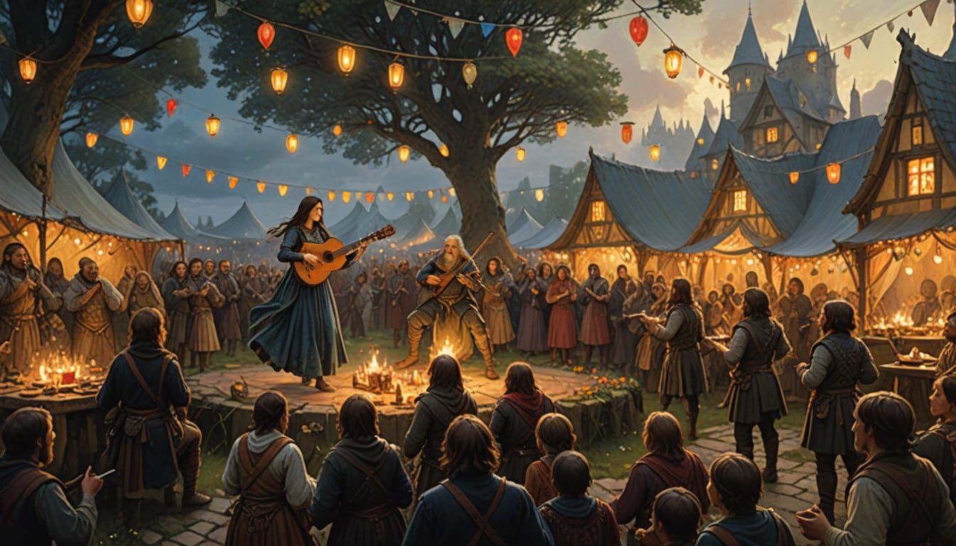 Fantasy Village Celebrates Whimsical Bardic Perfor... - AI Art