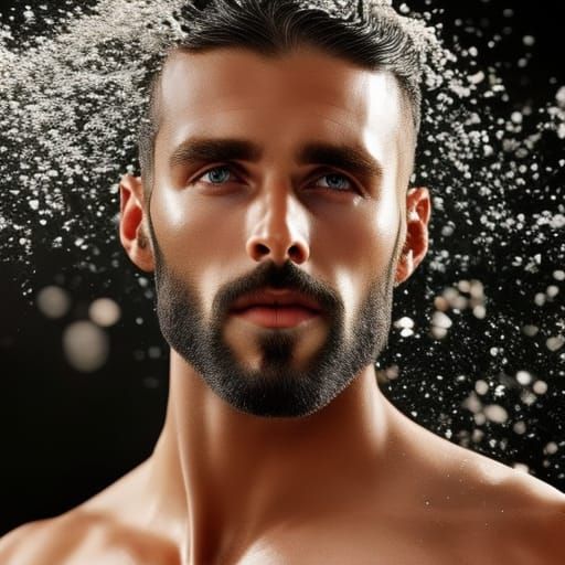 Brunette man, wet brown hair, with splash of water hit over his face ...