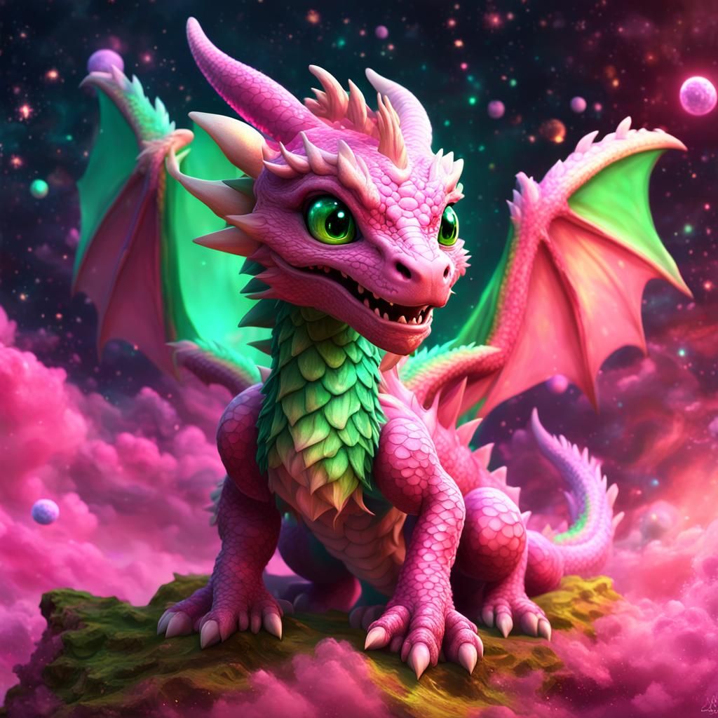 Hyper realistic cute excited pink and green baby dragon fantasy ...