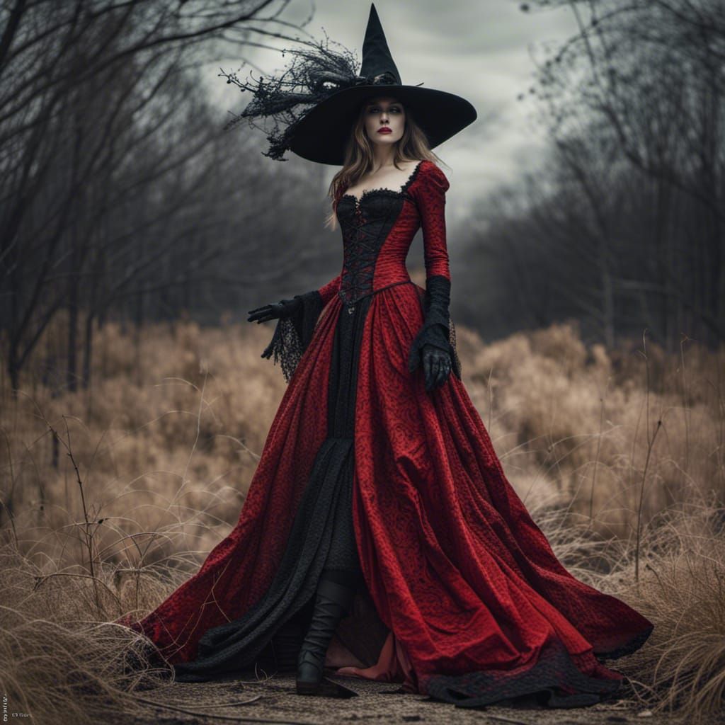 witch in long red and black gown with full detail on dress and hat - AI ...