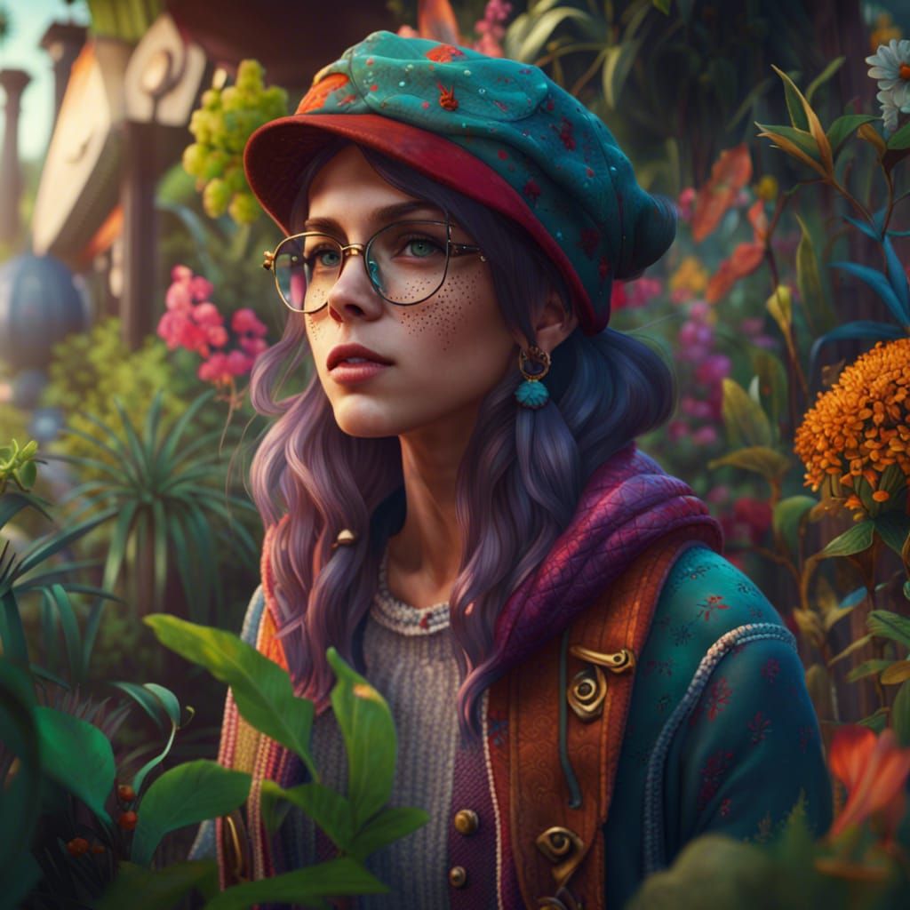 Hipster girl with colorful vintage clothes and her plants - AI ...