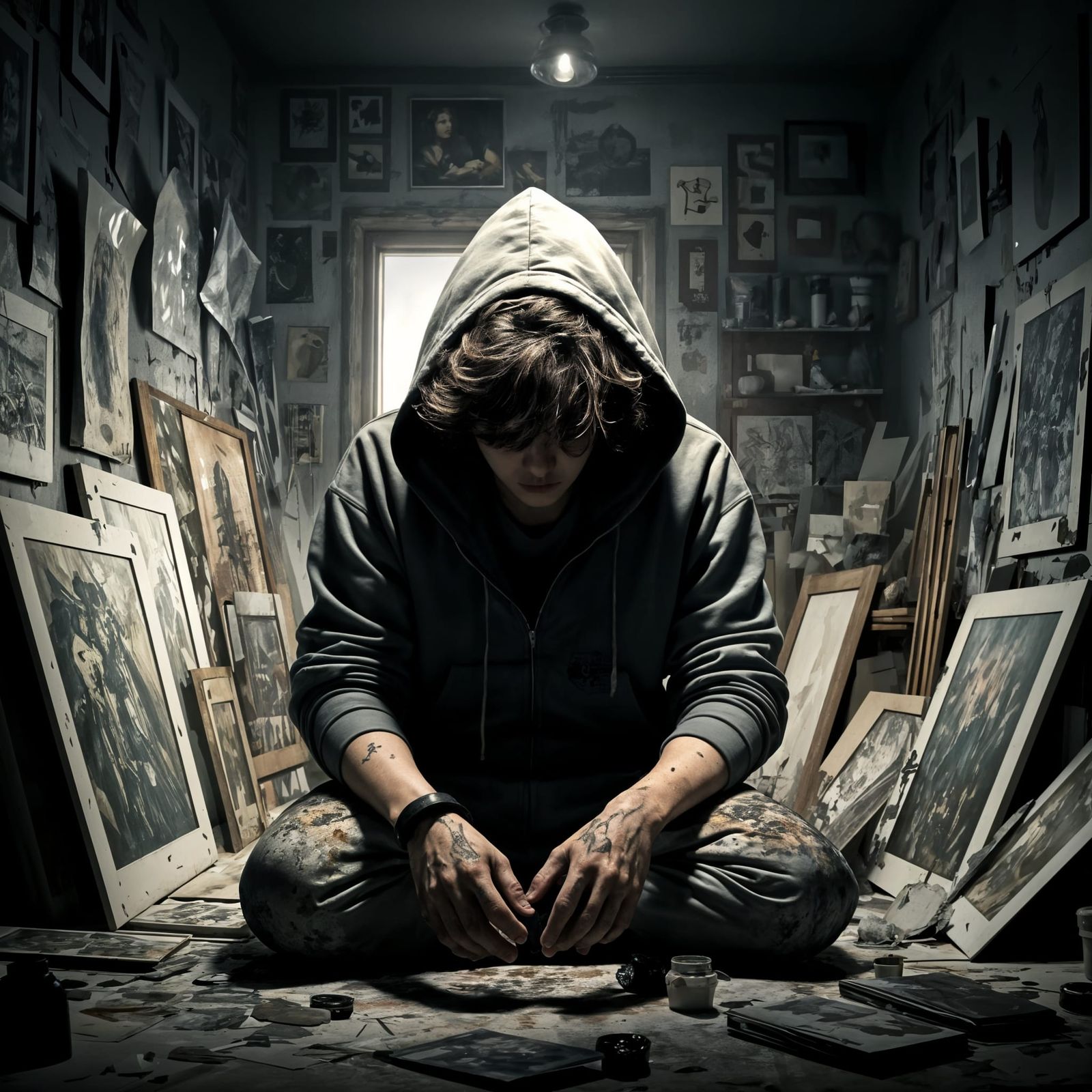 a Chaotic Gallery of Artwork - Tormented Artist in a Chaotic...