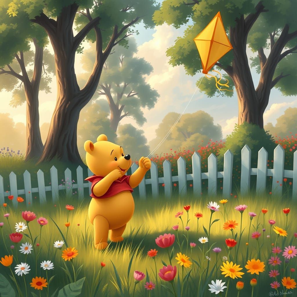 Whimsical Kite Flying Scene in Warm Golden Light - AI Art