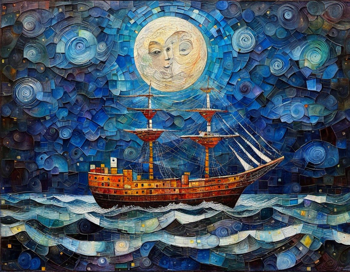 The Ship - Vibrant Encaustic Painting of Rubik's Cube Ship U...