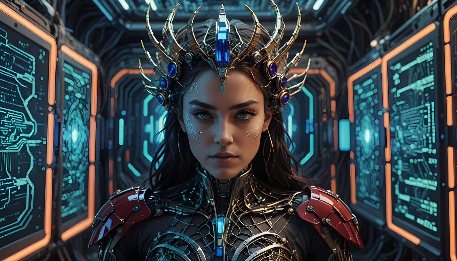 Futuristic Cyborg Queen in Luminous Throne, Holdin... - AI Art