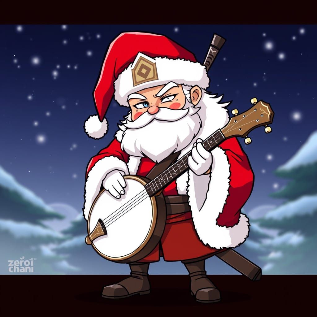 Samurai Santa Plays Banjo in Vibrant Anime Style - AI Art