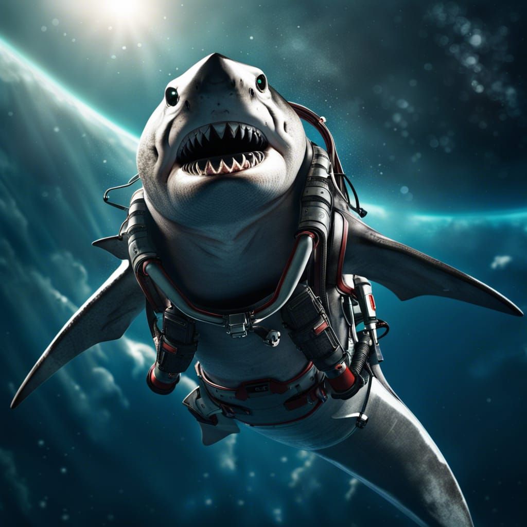 Shark wearing a jetpack in space - AI Generated Artwork - NightCafe Creator