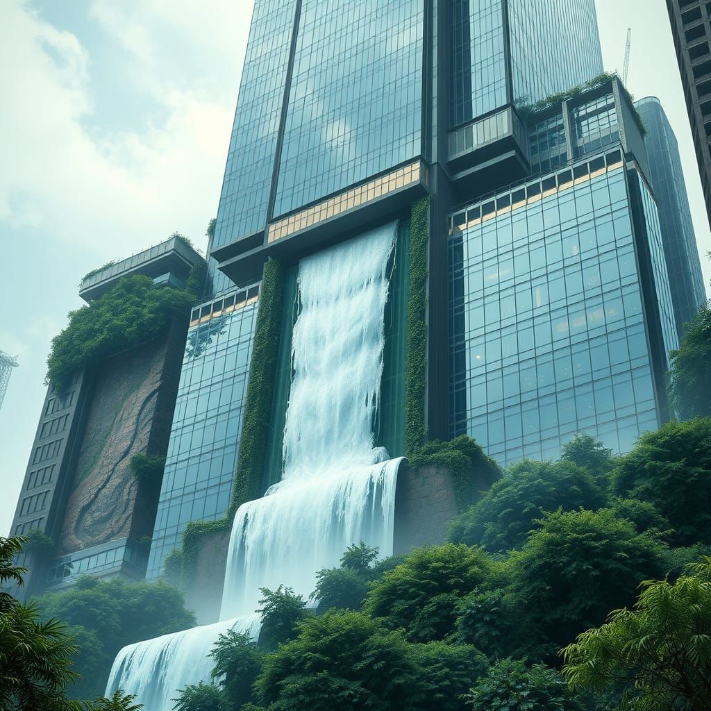 A waterfall pouring down the side of a towering city skyscraper.