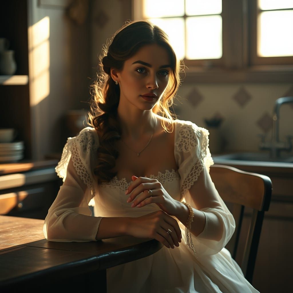 Ethereal Matilda Princess in a Softly Lit Kitchen ... - AI Art